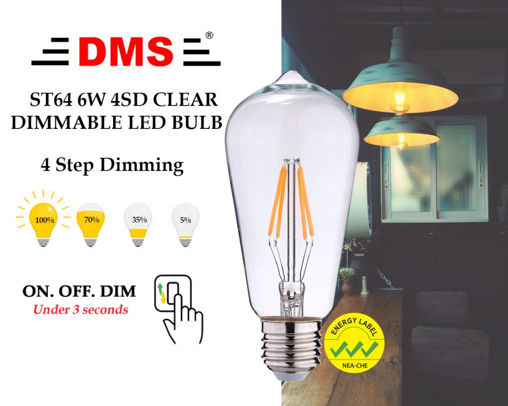 DMS ST64 6W 4 STEP DIMMING CLEAR FILAMENT LED BULB (Available in Bundle ...